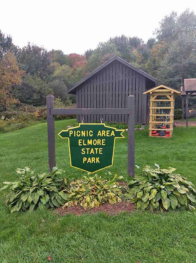 The picnic area sign stands as a humble invitation to one of Vermont's best outdoor dining rooms. No reservations required.