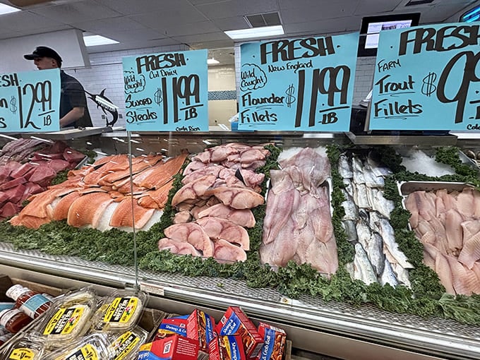 Ocean-to-table seafood that makes inland shoppers forget they're miles from the coast. Those fillets practically glisten with freshness.