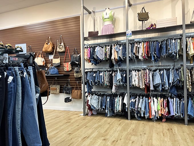 The handbag wall&mdash;where designer dreams meet budget realities. Each purse tells a story of previous adventures while awaiting its next fashion companion.