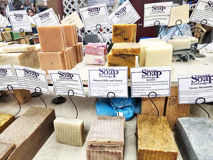 Handcrafted soaps lined up like edible art &ndash; "Oatmeal Milk and Honey" isn't just breakfast anymore, it's your new favorite way to shower.