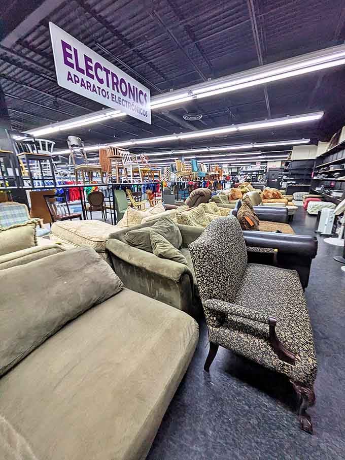 Sofa city! A sea of seating options where pattern and texture collide in the most delightful chaos. That speckled armchair has seen things, folks.