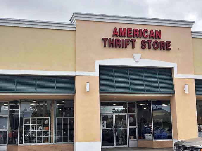 American Thrift Store's bold red lettering stands out like a beacon for bargain hunters cruising Hollywood's busy streets.