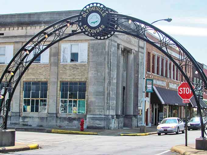 Blytheville's welcoming arch marks the entrance to a downtown where living costs stay remarkably affordable.