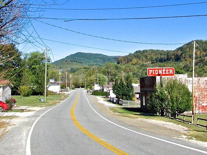 Main Street simplicity in Clairfield, where the Pioneer sign welcomes you to mountain living that won't break the bank.
