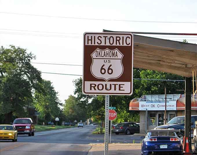 Route 66 nostalgia lives on in Clinton, where this historic marker stands as a reminder of America's most famous highway adventure.