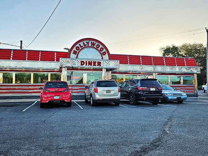 Hollywood Diner's gleaming red exterior is exactly what appears in your mind when someone says "classic American diner."