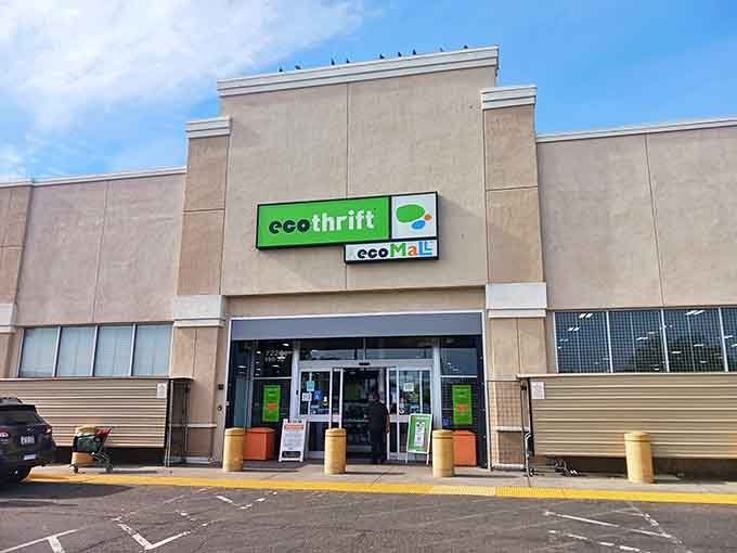 Eco Thrift's no-nonsense exterior houses a labyrinth of potential treasures. Don't judge this thrift book by its beige cover.