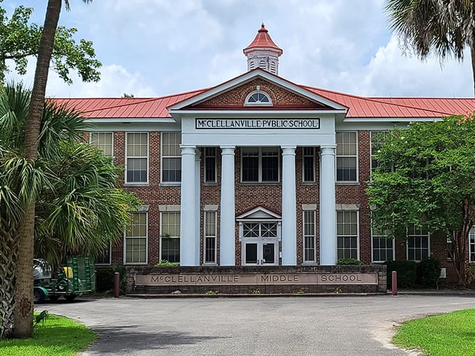 McClellanville's historic school building stands proud with its red roof and white columns, educating generations of coastal Carolinians.