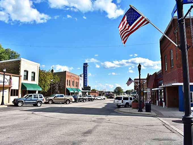 Montevideo's charming downtown looks like it's dressed for a patriotic parade, with flags waving visitors toward local businesses.