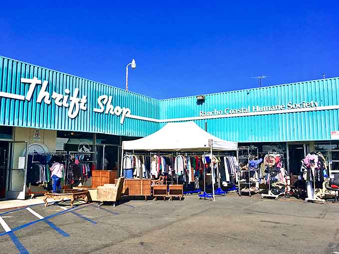 The turquoise paradise of Rancho Coastal Humane Society's Thrift Shop brightens Cardiff with color and compassion.