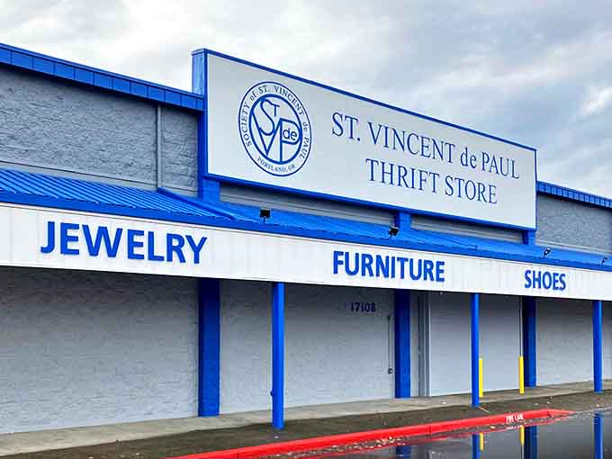 St. Vincent de Paul's bright blue signage clearly marks what you'll find inside this community-supporting thrift haven.