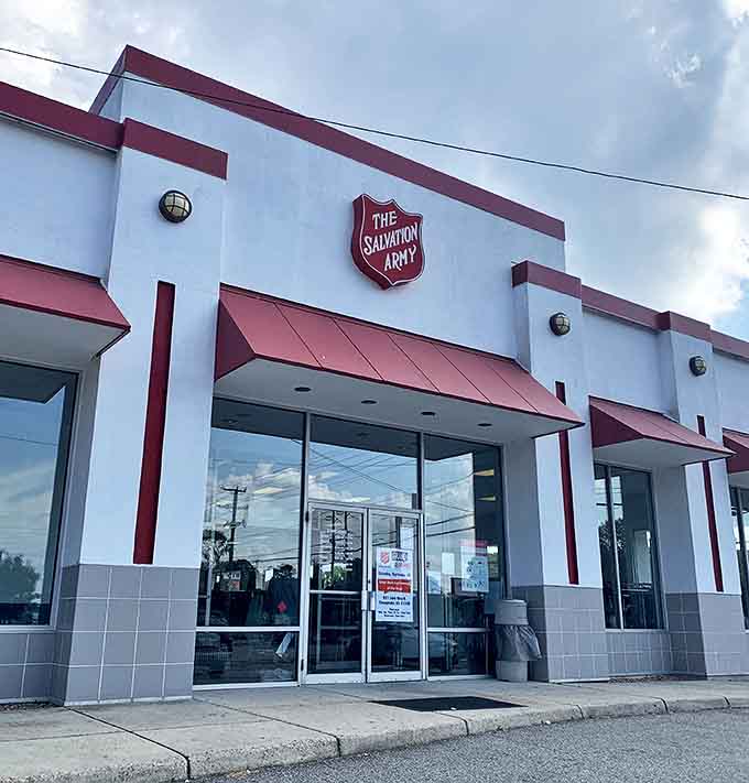 The Salvation Army's classic red and white design signals hope, help, and incredible deals ahead.