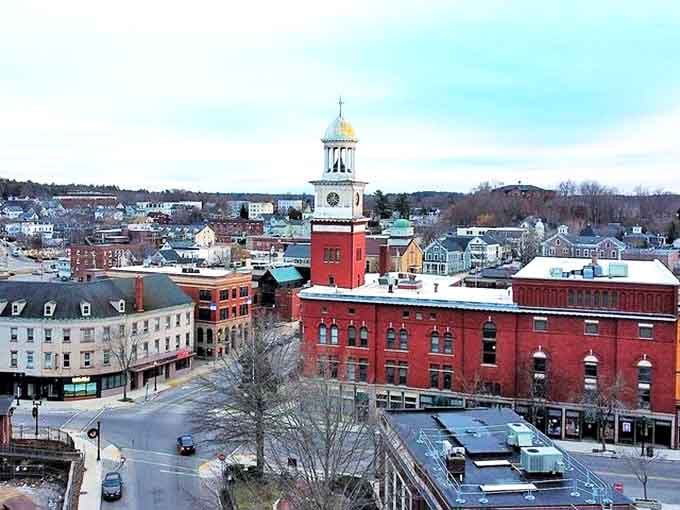 These historic mill buildings stand proud along the Saco River, whispering tales of industrial glory and promising futures.