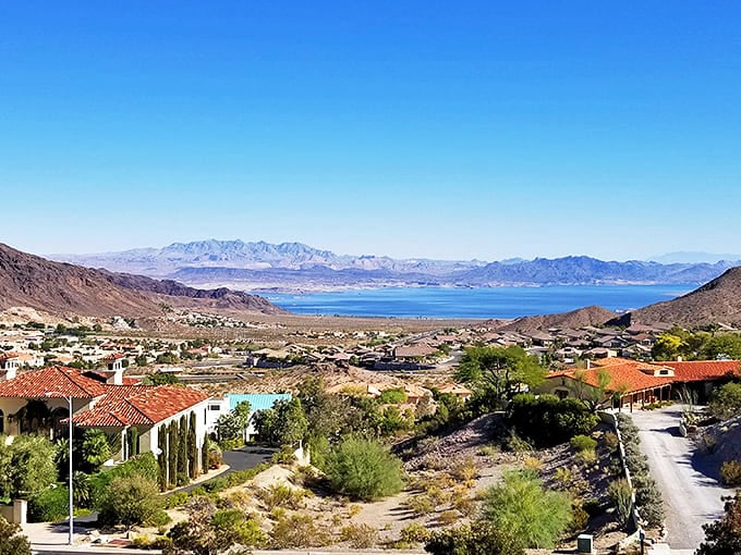 From this Boulder City overlook, Lake Mead shimmers like a sapphire set in Nevada's rugged desert crown.