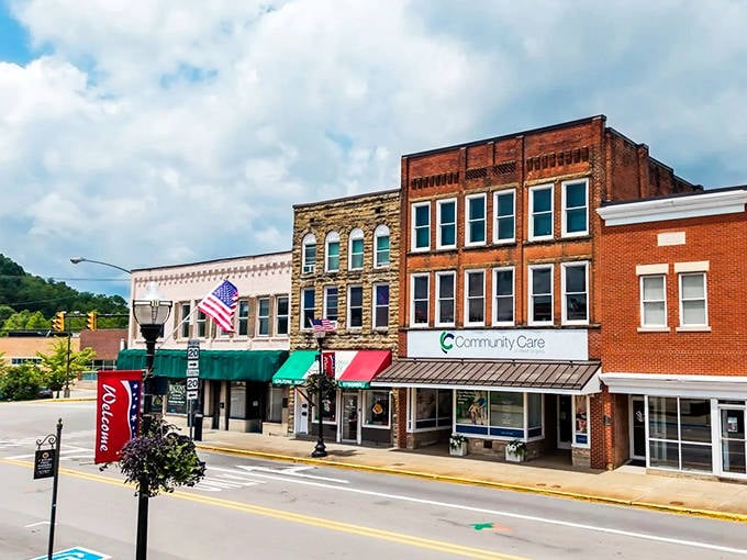 Buckhannon's Main Street &ndash; where hanging flower baskets and historic architecture create the perfect backdrop for small-town life.