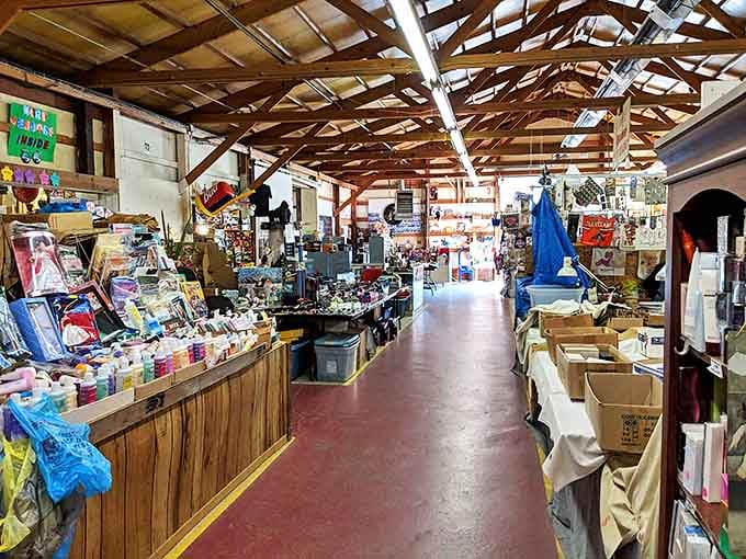 Wooden shelves stacked high with goods create a maze of possibilities in this charming covered marketplace wonderland.