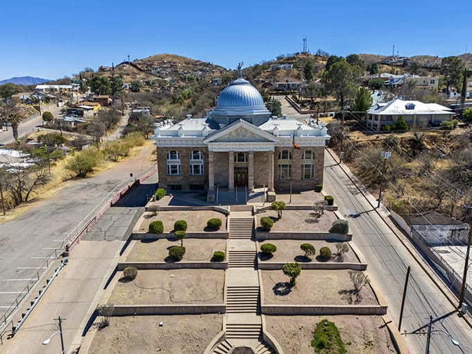 From above, you can see the courthouse's stunning dome and perfectly planned gardens creating a peaceful community centerpiece.