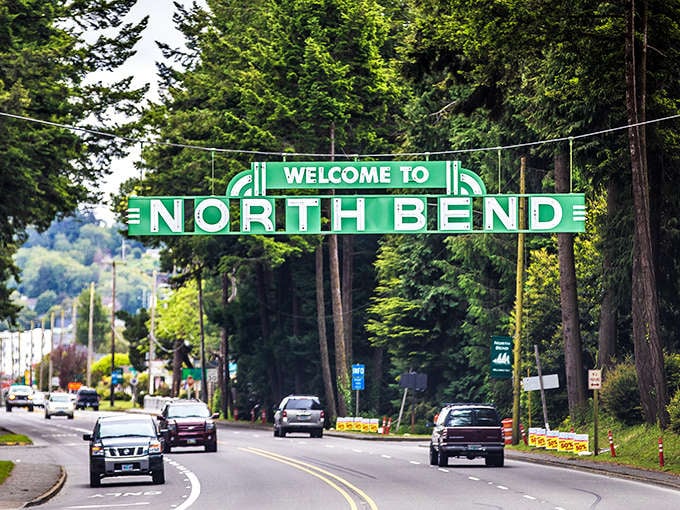 The welcoming entrance to North Bend greets visitors with towering trees and promises of coastal small-town charm.