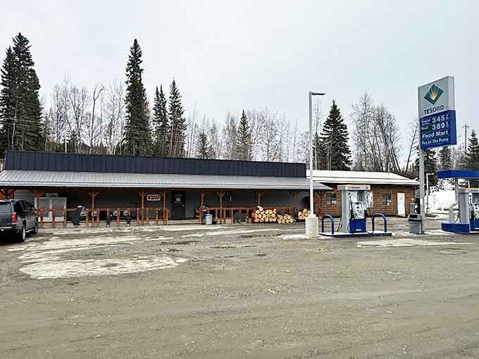 This unassuming Tesoro station in Salcha isn't just a gas stop – it's the community hub where locals catch up on town news.