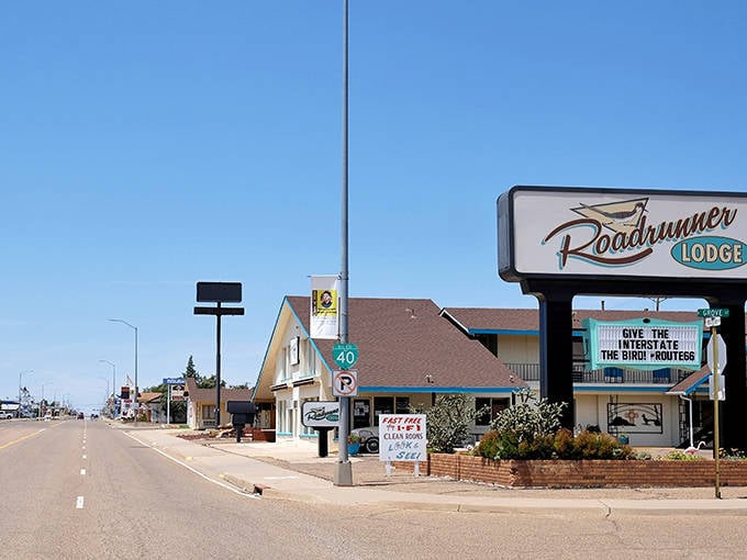 The Roadrunner Lodge sign points to simpler times, when road trips meant paper maps and no GPS recalculating your route.