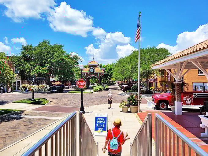Main Street magic in Winter Garden, where brick streets and a clock tower create the perfect small-town backdrop for your next leisurely afternoon.