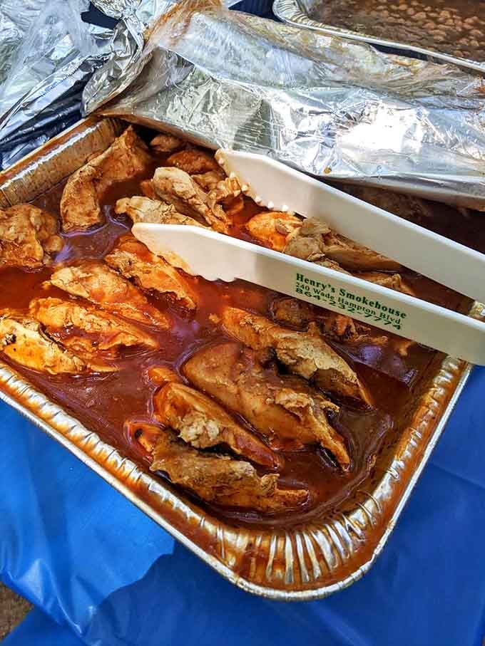 Barbecued chicken swimming in sauce, proof that sometimes the best things come from the simplest preparations and longest patience.