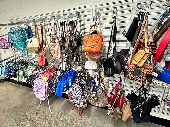 Bag lady's dream department. This wall of handbags and totes could outfit you for every occasion from beach day to board meeting.