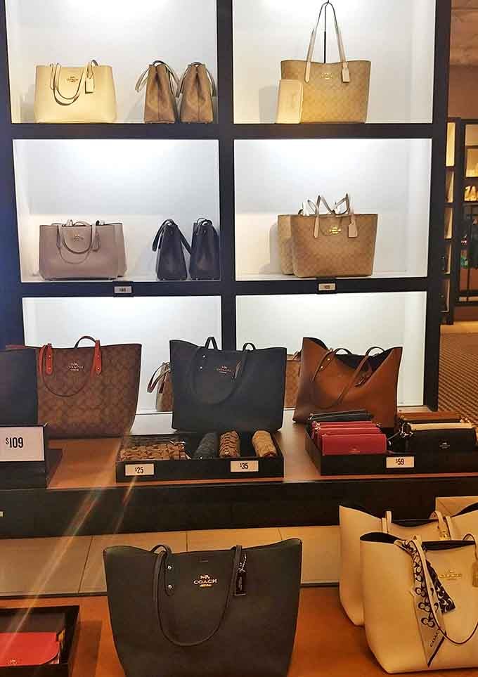 Coach bags displayed like museum pieces, except here you're encouraged to take them home rather than just admire from behind velvet ropes.