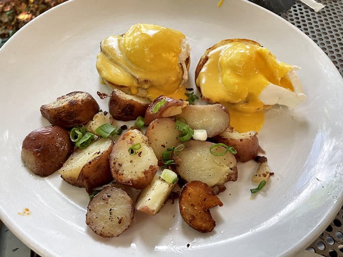 Eggs Benedict reimagined&mdash;these golden-topped beauties perch atop perfectly roasted potatoes like breakfast royalty waiting to be discovered.