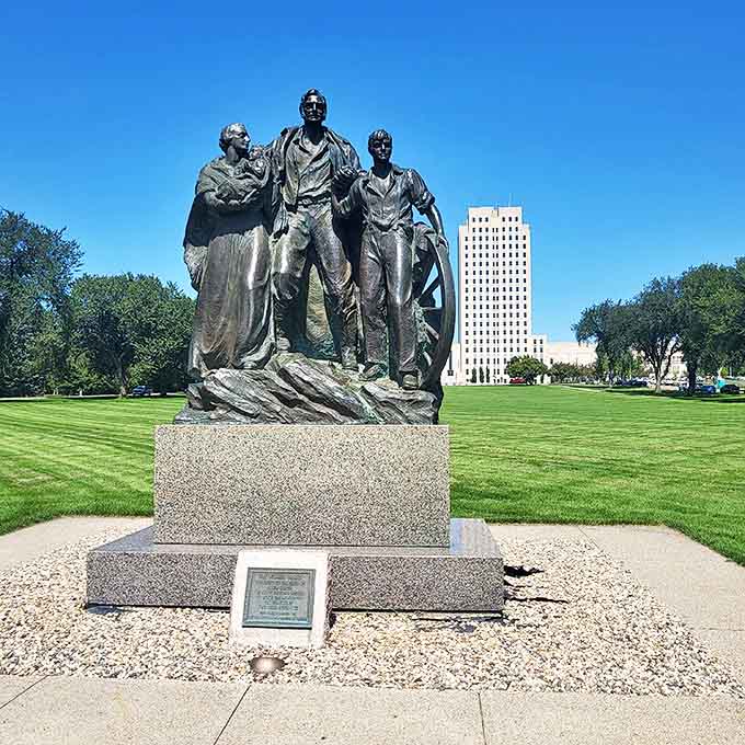 Capitol grounds sculptures capture North Dakota's pioneering spirit, standing stoically against prairie winds and political storms alike.