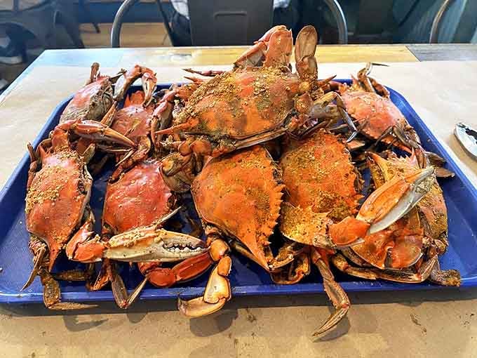 A mountain of Old Bay-dusted blue crabs that would make Baltimore proud. Hammer in hand, napkins at the ready&mdash;this is edible therapy.
