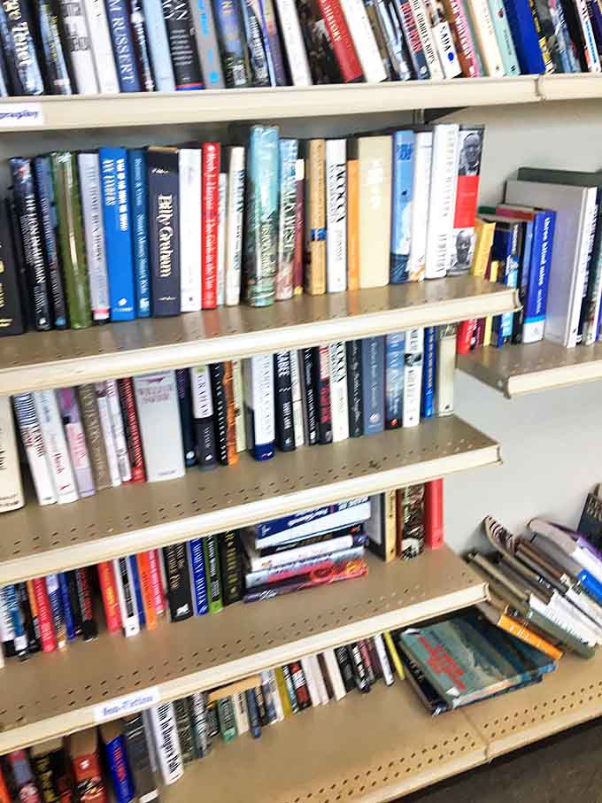 A bibliophile's dream landscape. These shelves hold everything from forgotten bestsellers to that cookbook your grandmother swore by.