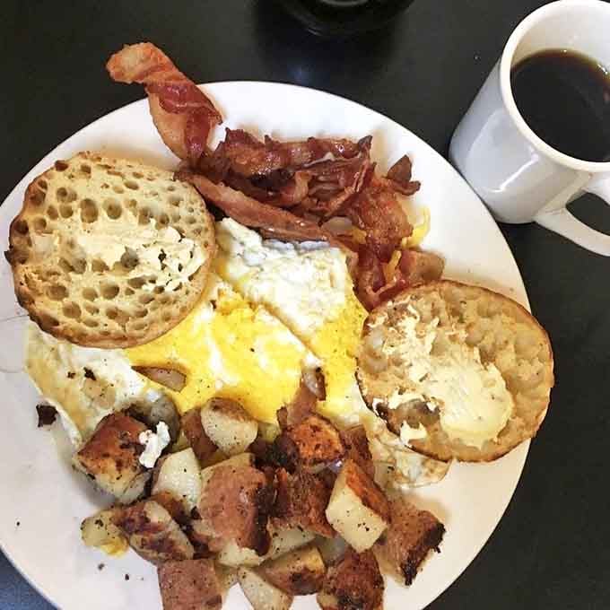 The breakfast trinity&mdash;eggs, bacon, and potatoes&mdash;arranged with the kind of care usually reserved for museum exhibits. This is edible art for everyday people.