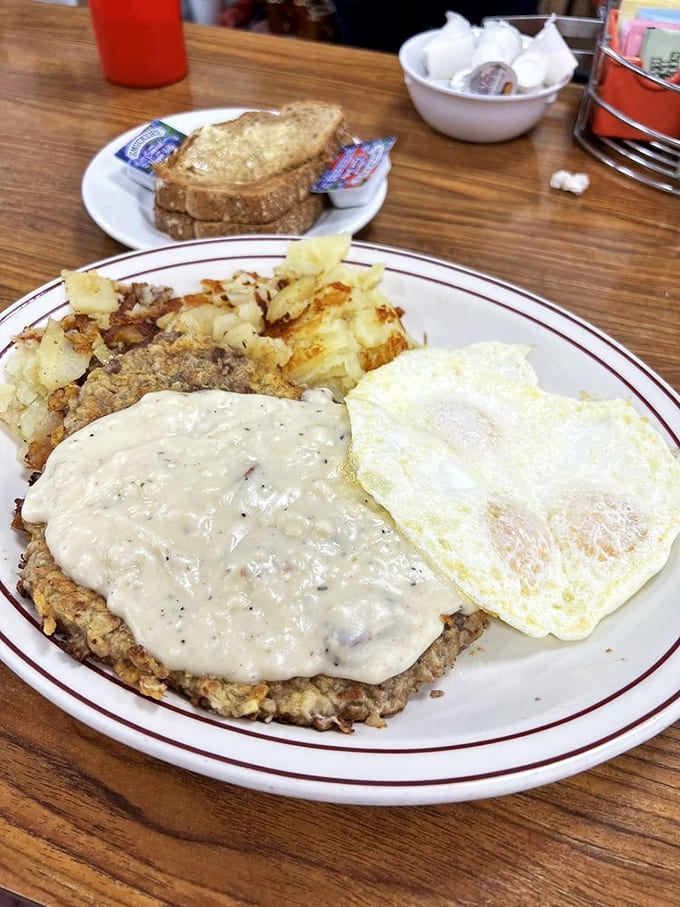 Country fried steak smothered in gravy &ndash; when your breakfast needs to double as lunch and possibly dinner too.