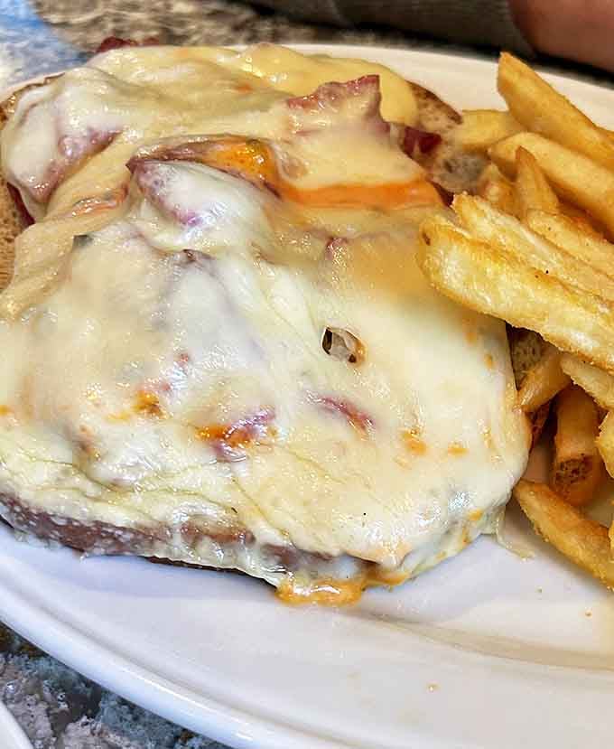 Melted cheese cascading over what might be the most comforting open-faced sandwich in Delaware. Cardiologists hate this photo, but your taste buds just saved it.