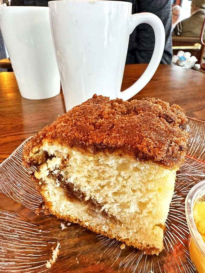 Their coffee cake isn't just a side&mdash;it's the main event, with a cinnamon-sugar crown worthy of pastry royalty.
