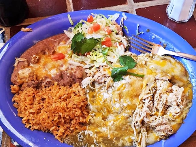 A plate that pledges allegiance to flavor. Chicken enchiladas draped in chile sauce with Spanish rice and beans that aren't just sides&mdash;they're co-stars.