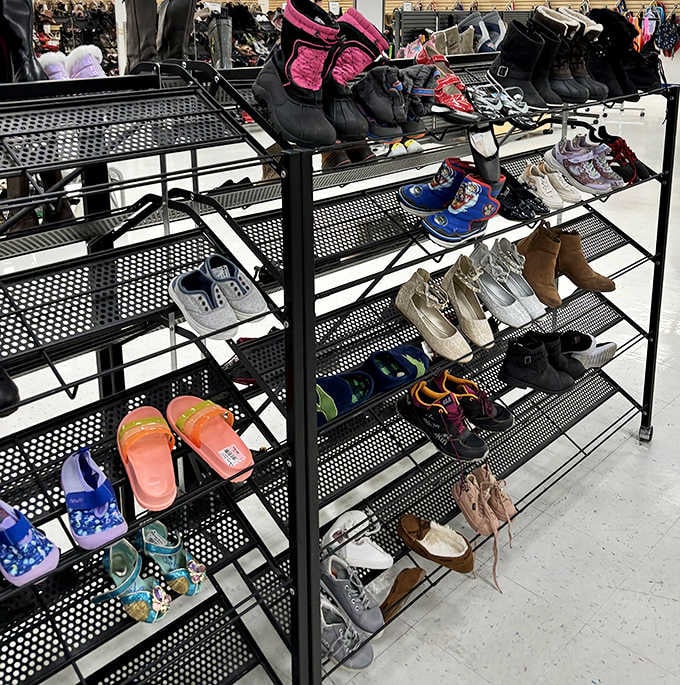 Footwear finds its perfect organization here, where barely-worn designer heels neighbor practical work boots in a democracy of soles.