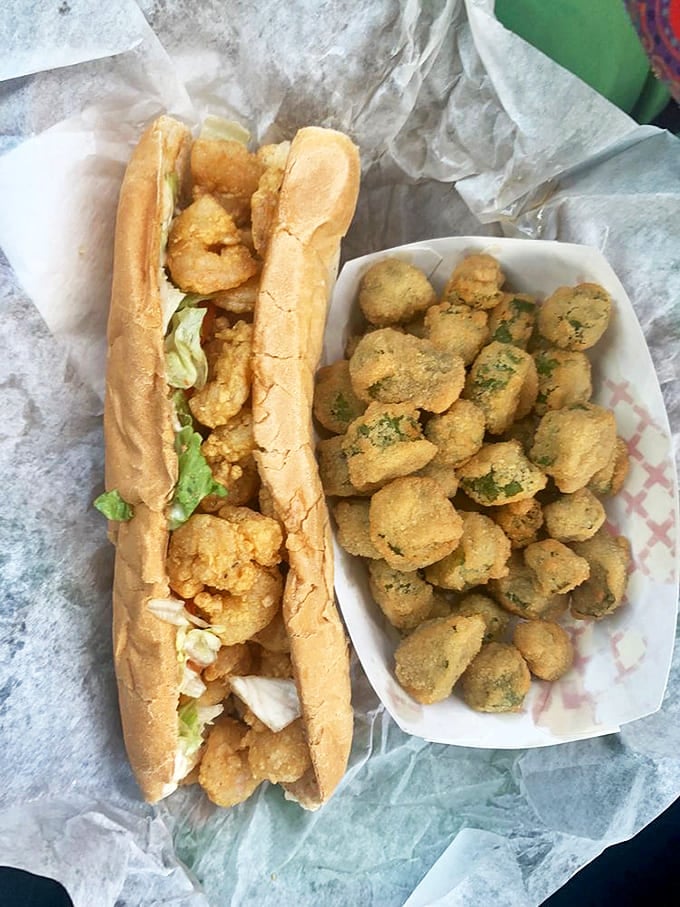 A shrimp po'boy that could make a New Orleanian weep with joy, paired with fried okra that proves vegetables can be both sinful and heavenly.