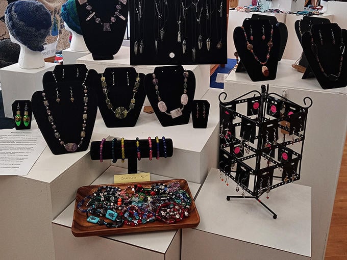 Handcrafted jewelry displays showcase artisan pieces that tell stories without speaking, perfect souvenirs of your coastal shopping adventure.