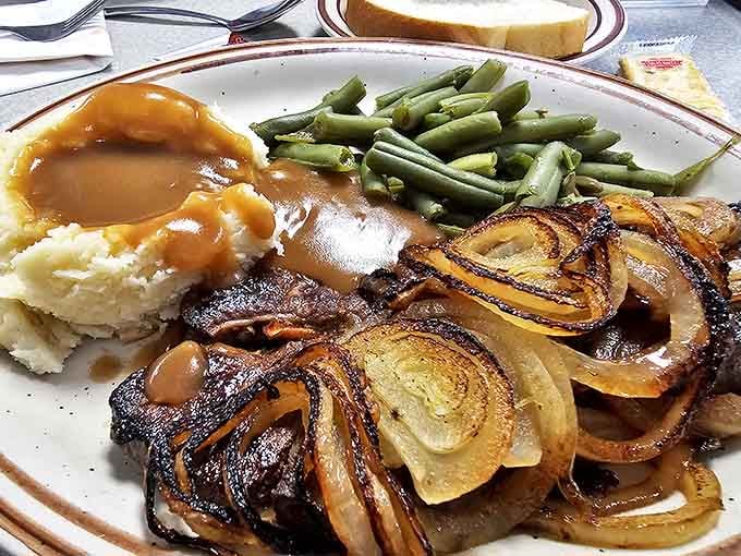 Liver and onions with mashed potatoes and green beans&mdash;a plate that would make your grandmother nod in approval and your cardiologist raise an eyebrow.