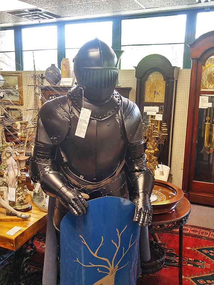 Meet your new silent roommate! This medieval knight stands guard over antique clocks and collectibles, ready for the most intimidating home security system ever.