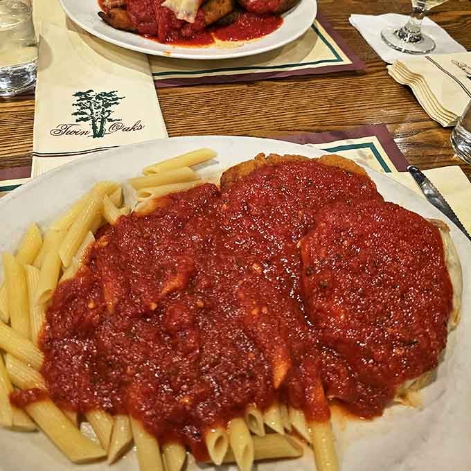 Pasta perfection that would make an Italian grandmother weep with joy. That sauce has definitely been simmering since breakfast.