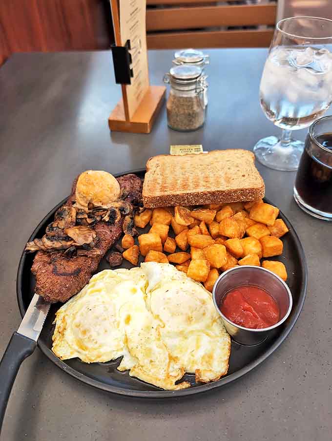 The breakfast of champions – or anyone who appreciates eggs cooked just right alongside perfectly crisped potatoes. Simple done spectacularly.