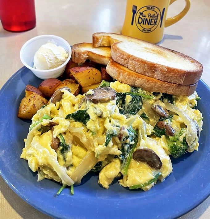 An omelet that doesn't just contain vegetables&mdash;it celebrates them. Spinach and mushrooms finding their best selves in a fluffy egg embrace.