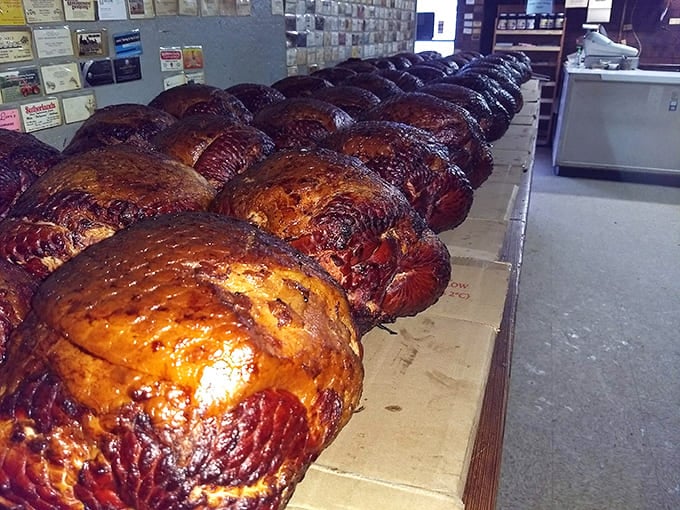 The lineup of smoked hams - like a barbecue chorus line, each one ready for its delicious solo performance.