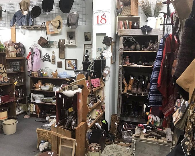 Booth #18 offers a perfectly curated slice of Americana, where cowboy hats and vintage dishware create an irresistible time-travel vortex.