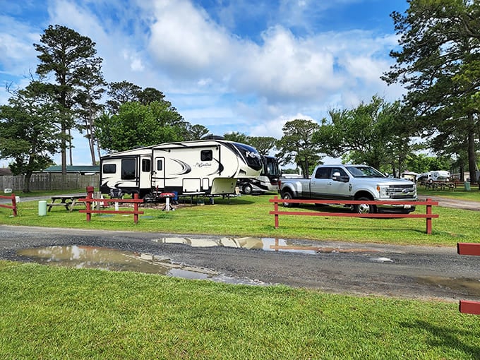 RV camping with a view&mdash;because roughing it doesn't have to mean sacrificing comfort. This is how modern pioneers experience Chincoteague, with air conditioning and satellite TV.