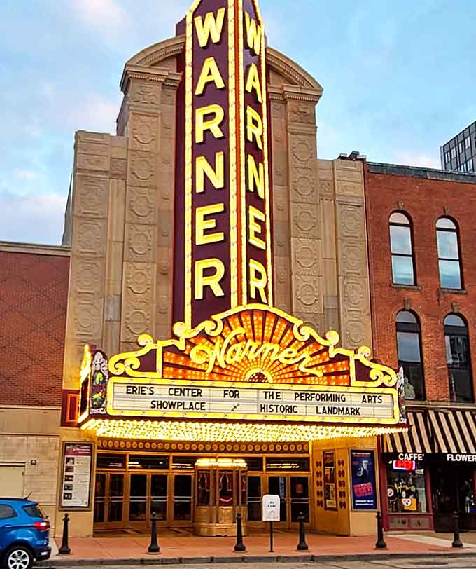 The Warner Theatre's marquee lights up downtown with vintage glamour. Catching a show here costs less than a movie ticket in Manhattan!