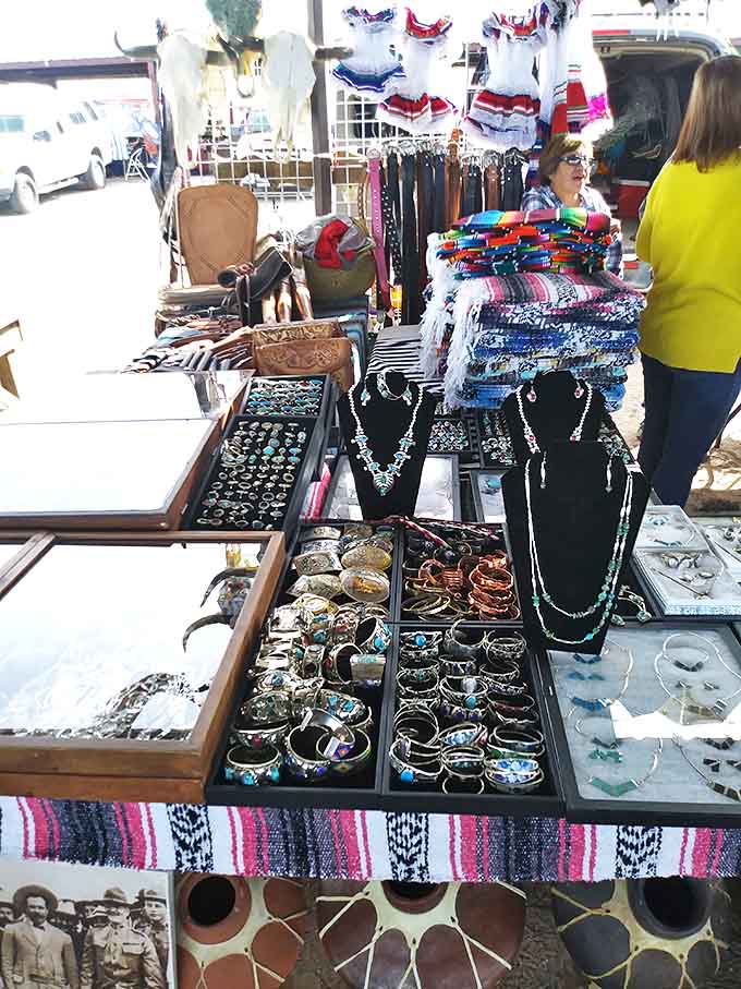 Turquoise, silver, and southwestern style spread across tables where jewelry hunters can score authentic pieces at flea market prices.